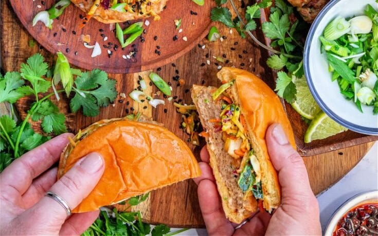 Chicken Burges with Spicy Peanut Butter Slaw • Sandra's Easy Cooking